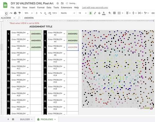 GOOGLE SHEETS DIY Digital Pixel Art Template EDITABLE | Valentine's Day Owl
