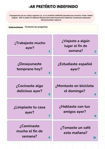 PRETERITE TENSE -AR ENDING VERBS SPEAKING PRACTICE INDEFINIDO -AR ...