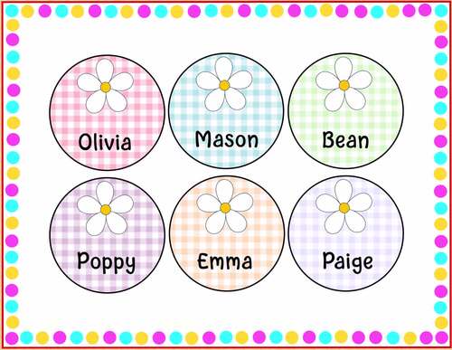 Pastel Gingham Floral Student Name Labels, Spring Flowers Student Nametags