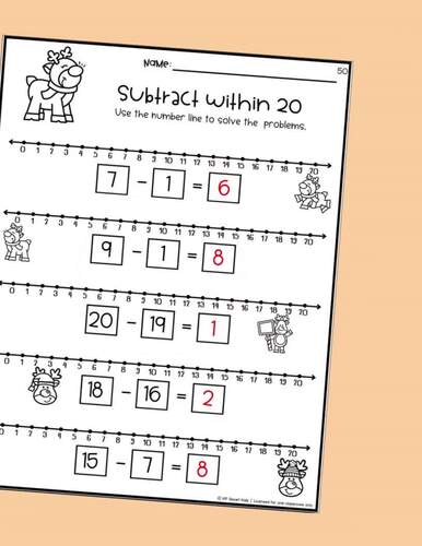 Rudolph Number Line Subtraction Within 20 Worksheets Christmas Math ...