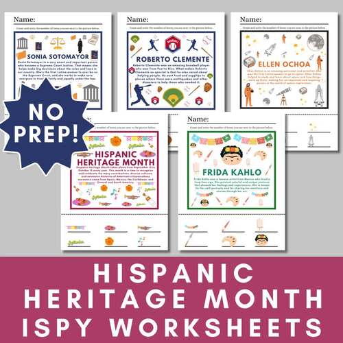 Hispanic Heritage Month iSpy Printable Worksheets by Jenny Marie