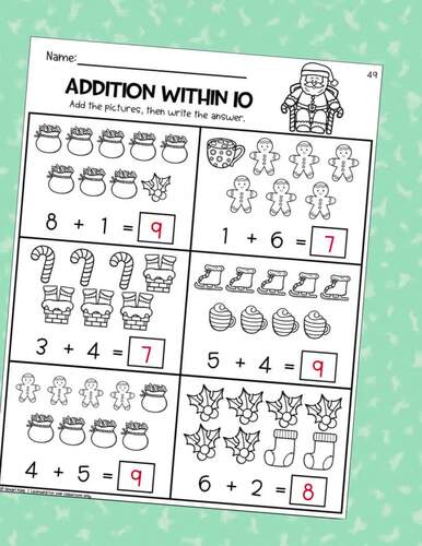 Christmas Picture Addition to 10 | Find the Sum Worksheets | Winter ...