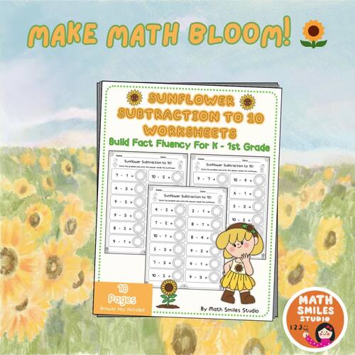 Sunflower Subtraction to 10 Worksheets | Fact Fluency | Kindergarten ...