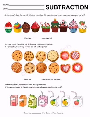 New Year Math Word Problem Worksheets ║Addition and Subtraction (Grades ...