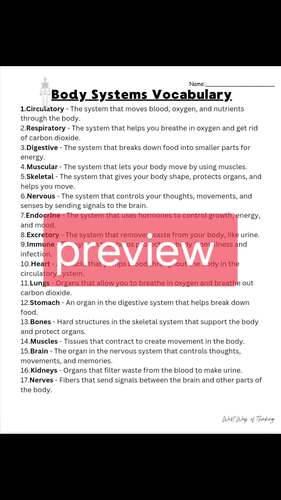 Human Body Systems Unit: Vocabulary Support with Activities | TPT