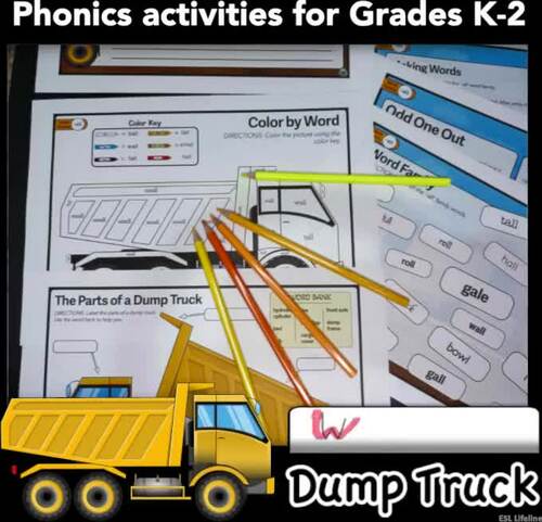 Phonics Worksheets for 'ALL' Word Families with Construction Vehicles