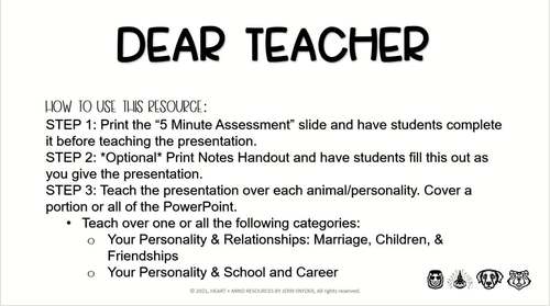 Who's Who In The Zoo Personality Test and PowerPoint FACS, FCS, CTE