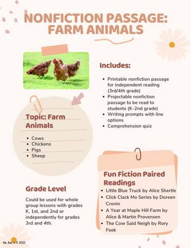 Farm Animals (Nonfiction Passage, Writing Prompts, & Comprehension Check)