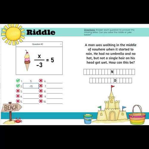 Beach-Themed Riddles: One-Step Equations by Jessylane318 | TPT
