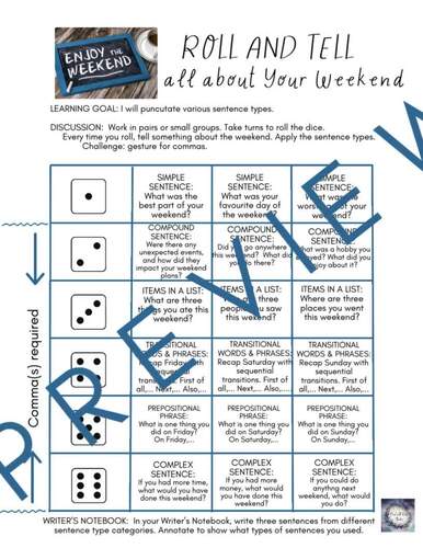 Roll and Tell About Your Weekend: Sentence Types & Punctuation in Practice