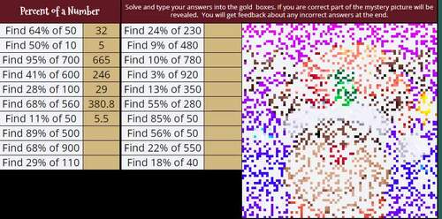 Percent of a Number Christmas 6th Grade Math Winter Pixel Art Activities