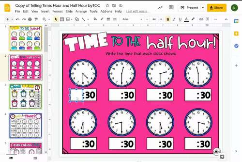 Telling Time Hour & Half Hour - Digital Math Practice - 1st Grade Math