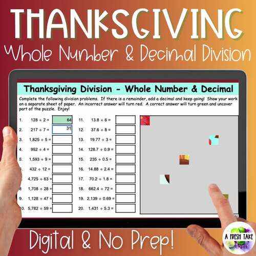 Thanksgiving Pixel Art Math Dividing Decimals & Whole Numbers Self ...