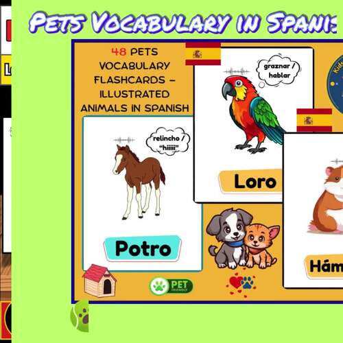 Pets Vocabulary Flashcards in Spanish – Illustrated Animal Cards with ...