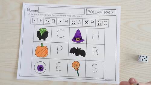 Halloween Letter Tracing and Beginning Sounds Activity | Roll and Color!