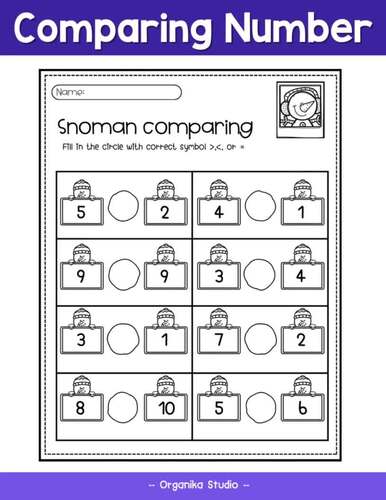 Snowman comparing number to 10 | greater than less than to 10 worksheet