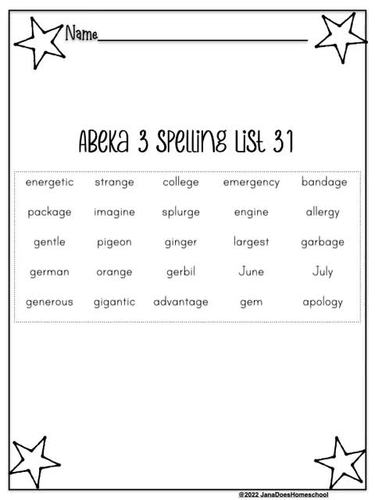 Abeka Spelling & Poetry 3 List 31 - Spelling Practice -g says -j before ...