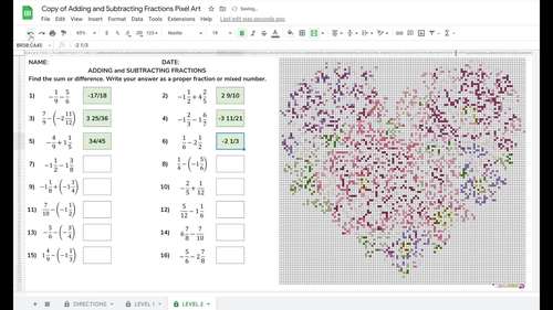 Valentine's Day Math Digital Pixel Art Adding and Subtracting Fractions