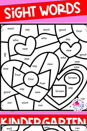 Valentine's Day Color by Code Sight Words Kindergarten Dolch Coloring Pages