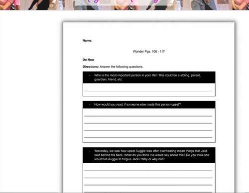 Wonder - Pgs. 100 - 117 - Classroom Worksheet by HeyItsMsSiegel | TPT