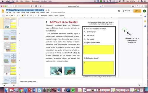 Reading comprehension in Spanish for Google Classroom - Distance Learning