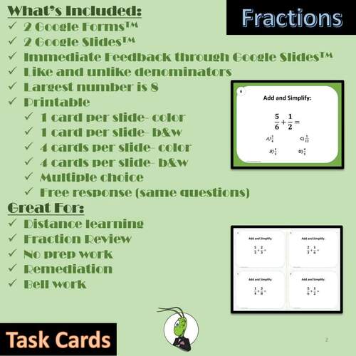 Adding Fractions Task Cards, Google Slides and Google Forms Set 1