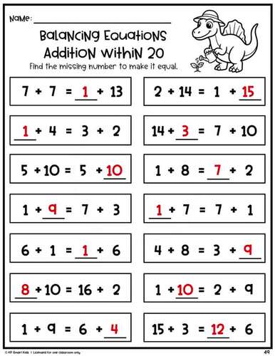 1st 2nd Grade Spring Balancing Equations Addition to 20 Worksheets ...