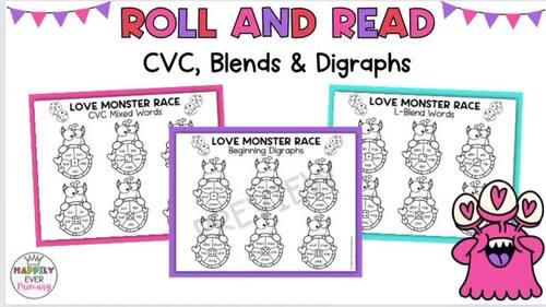 Valentine's Day Roll and Read Phonics Games | CVC Words Digraphs & Blends