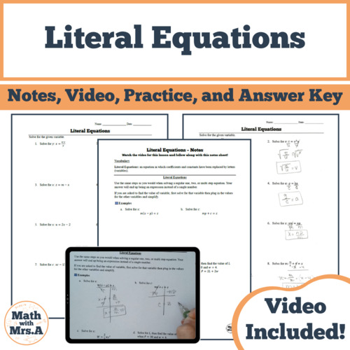 Literal Equations | Notes, Video Lesson, Worksheet | Algebra 1 | TPT