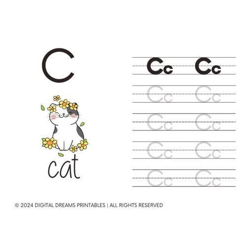Tracing Letters Practice C for Cat Booklet Uppercase, Lowercase, Blank