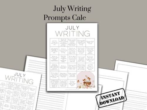July Writing Prompts Calendar, Summer Writing Practice, 2nd, 3rd, 4th, 5th