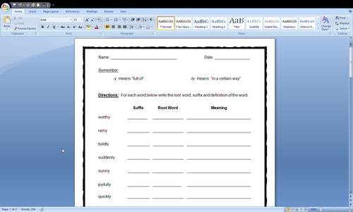 Suffixes Worksheet y and -ly with Easel Option by CarolJ Creations