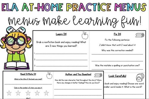 Distance Learning ELA Practice Menus - GRADES K, 1, 2 by Menu Mamas ...