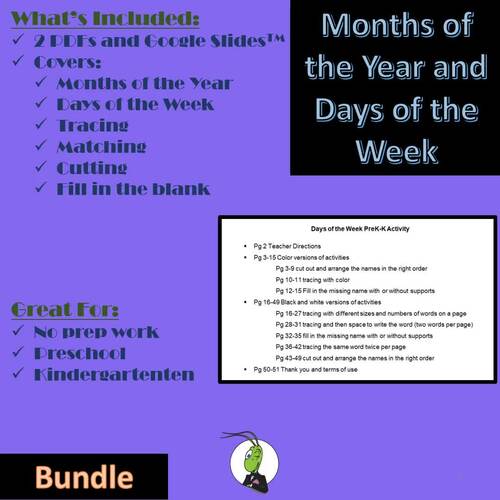 Days of the Week and Months of the Year Worksheet Bundle PreK-Kinder Google
