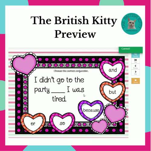 Valentine's Day Conjunctions - and but so because or - Grammar Boom Cards™