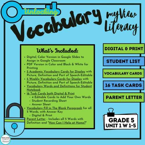 myView Vocabulary Cards & Activities BUNDLE Grade 5 Unit 1 with Task Cards