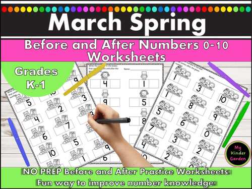 March Before and After Numbers Worksheets Missing Numbers 0-10 Kindergarten