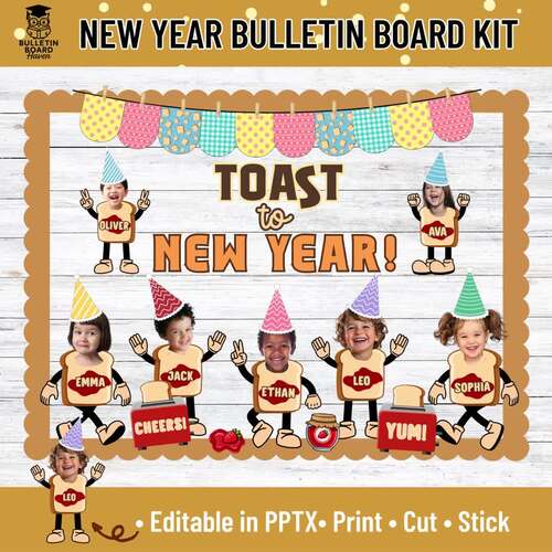 New Year Bulletin Board Kit | Toast Theme January Decor | Editable Names