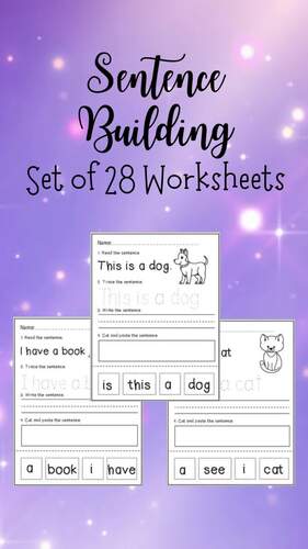 Sentence Building Worksheet Set-Read, Trace, Write, and Cut & Paste the ...