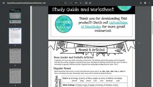 Spanish Articles and Nouns Study Guide and Worksheet | TPT