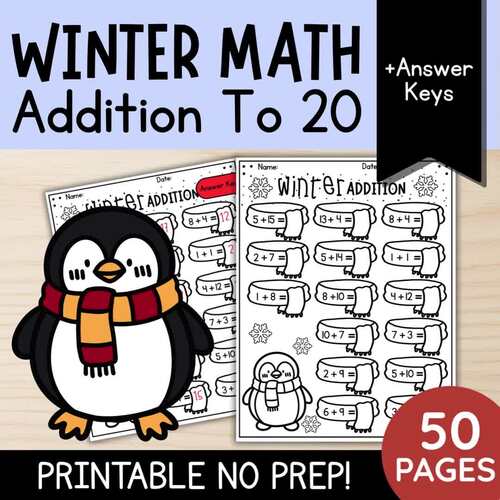 Winter Math: Addition Within 20 Worksheets | 1st and 2nd grade | TPT