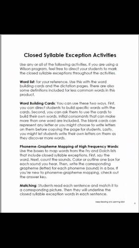 Closed Syllable Exceptions Kind Old Words Decodable Phonics Activity ...