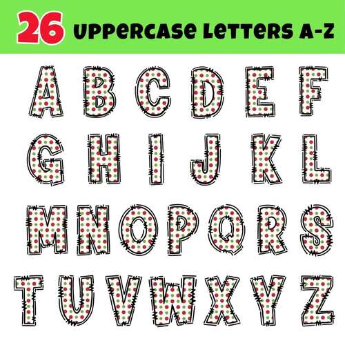 Christmas Polka Dot Alphabet and Numbers | Red Green Doodle Letters Clipart