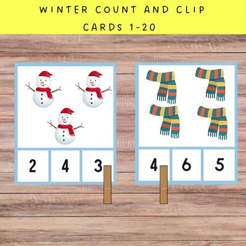 Winter count and clip cards 1-20. counting preschool printable. by ...