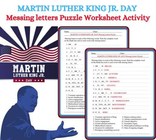 MARTIN LUTHER KING JR. DAY Vocabulary Missing letters Puzzle Worksheet ...