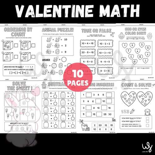 Valentine's Day Math Worksheets | No Prep Kindergarten 1st Grade Math V3
