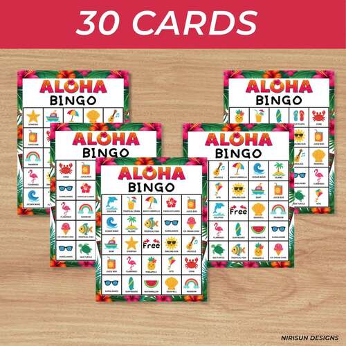 Aloha Bingo Game 30 Cards | Luau Bingo | Luau Birthday | Summer Bingo ...