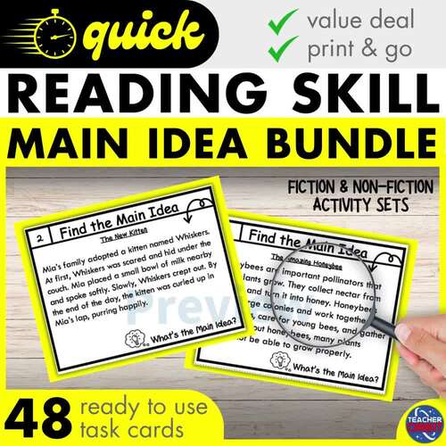 Main Idea Reading Comprehension Task Cards Bundle Fiction Nonfiction Central