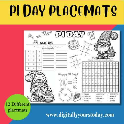 Pi Day Activity Placemats for kids of all ages: 12 Different Designs