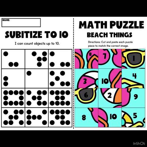 Summer Themed Subitizing Numbers to 10 Math Puzzles {Cut + Paste}